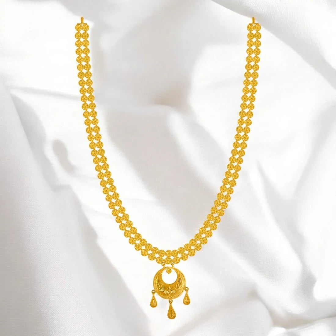 22K Gold Necklace with Floral Beaded Chains & Crescent Pendant ...